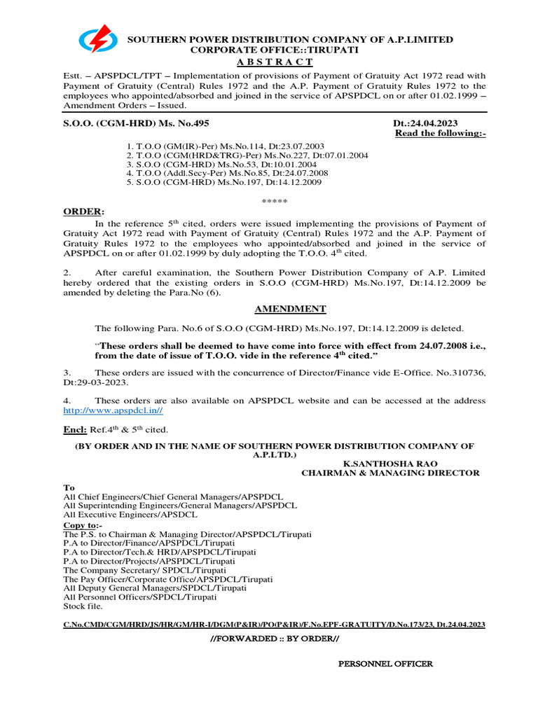 CGM - HRD - SPDCL2023-04-24153939.658SOO 495 Amendment On EPF Gtatuity | PDF | Customer Service ...