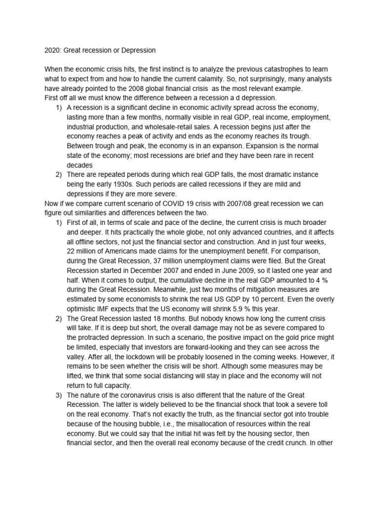 2020 - Great Recession or Depression | PDF | Recession | Great Recession