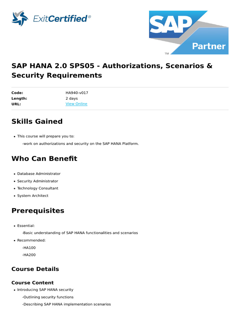 Sap Hana 2 0 sps05 Authorizations Scenarios and Security Requirements | PDF | Business