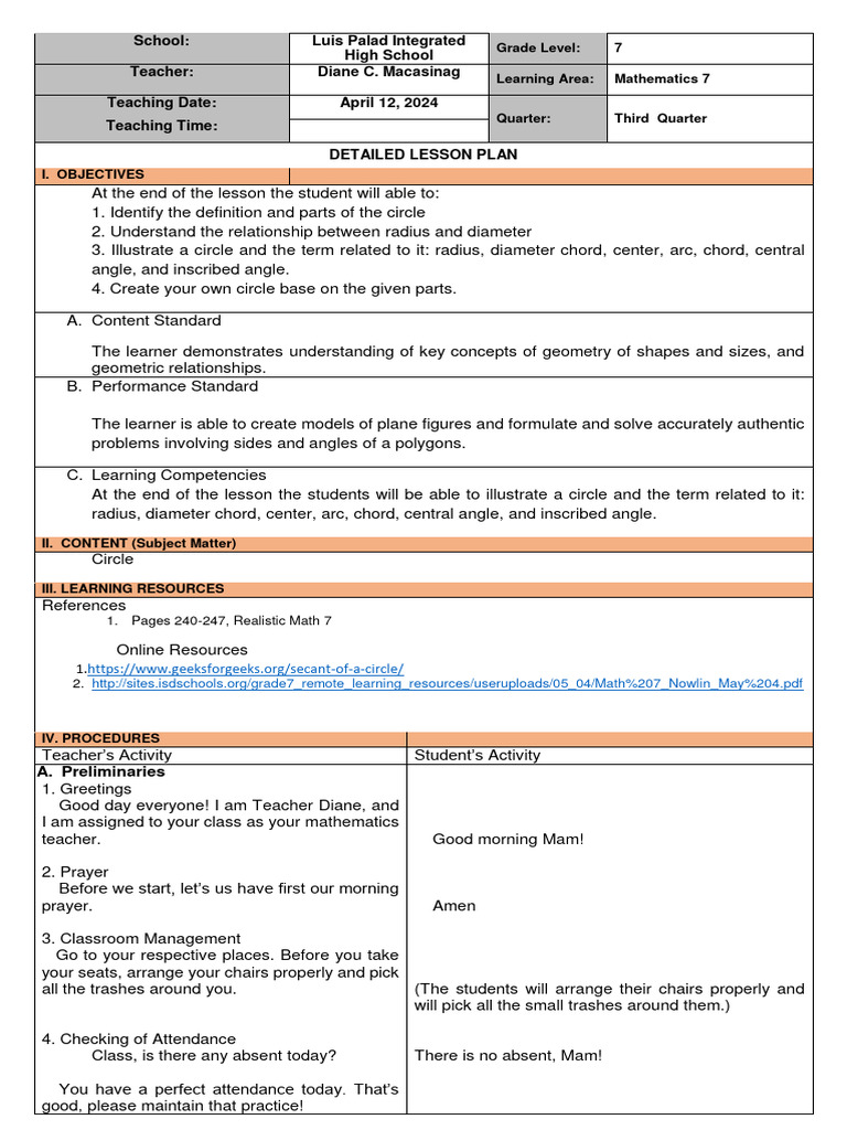 DLP Grade 7 CIRCLE - Edited | PDF | Circle | Angle