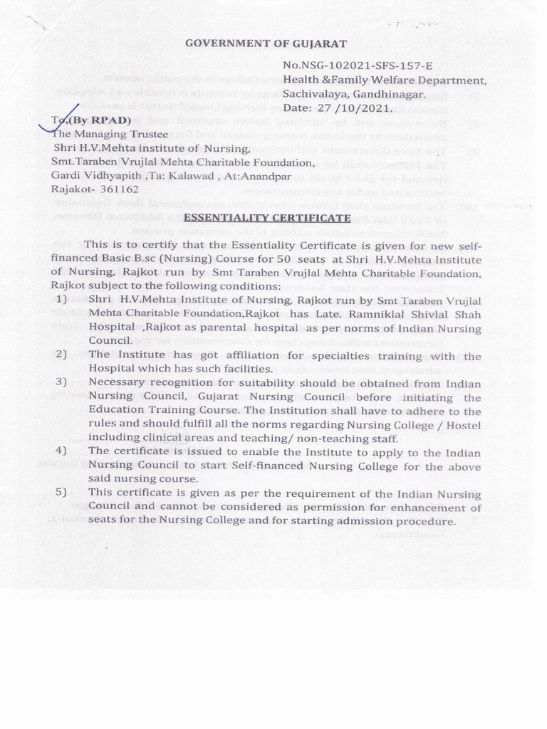 BSC Nursing Govt. Essentiality NOC | PDF