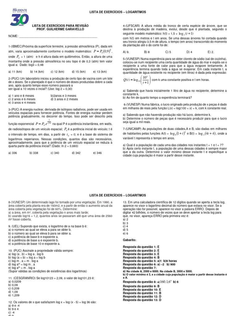 Lista Extra de Log | PDF | Logaritmo | Potência (Física)