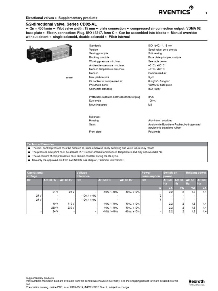 5/2-Directional Valve, Series CD02-AL: Technical Remarks | PDF | Valve ...