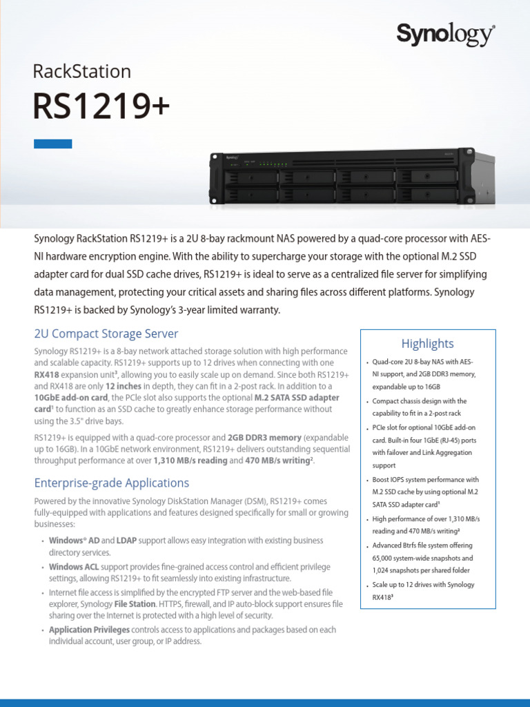 (NAS) Synology - RS1219 - Plus - Data - Sheet - Enu | PDF | Backup ...