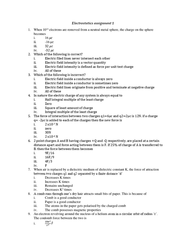 Electrostatics Quiz for Physics Students | PDF | Electricity | Electrostatics
