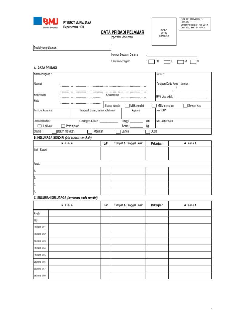 B-BHR-FORM-002B - R05 - FORM DATA PRIBADI PELAMAR (Operator - Foreman ...