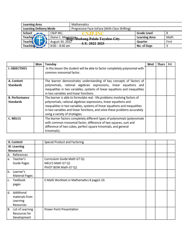 Math 8 Q1 W1 | PDF | Factorization | Polynomial