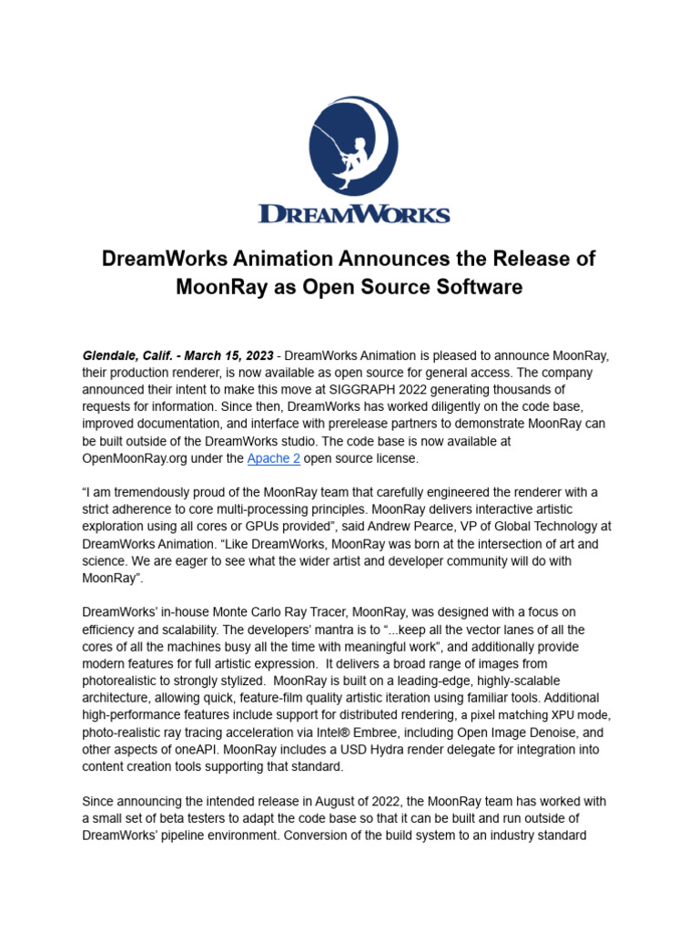 MoonRay Open Source Launch Press Release | PDF | Dream Works Animation ...
