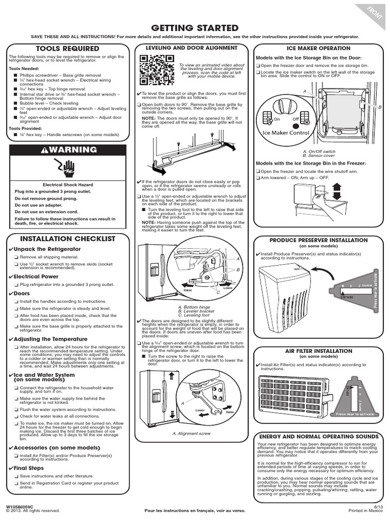Installation Instructions W10586059 RevC | PDF | Refrigerator | Equipment