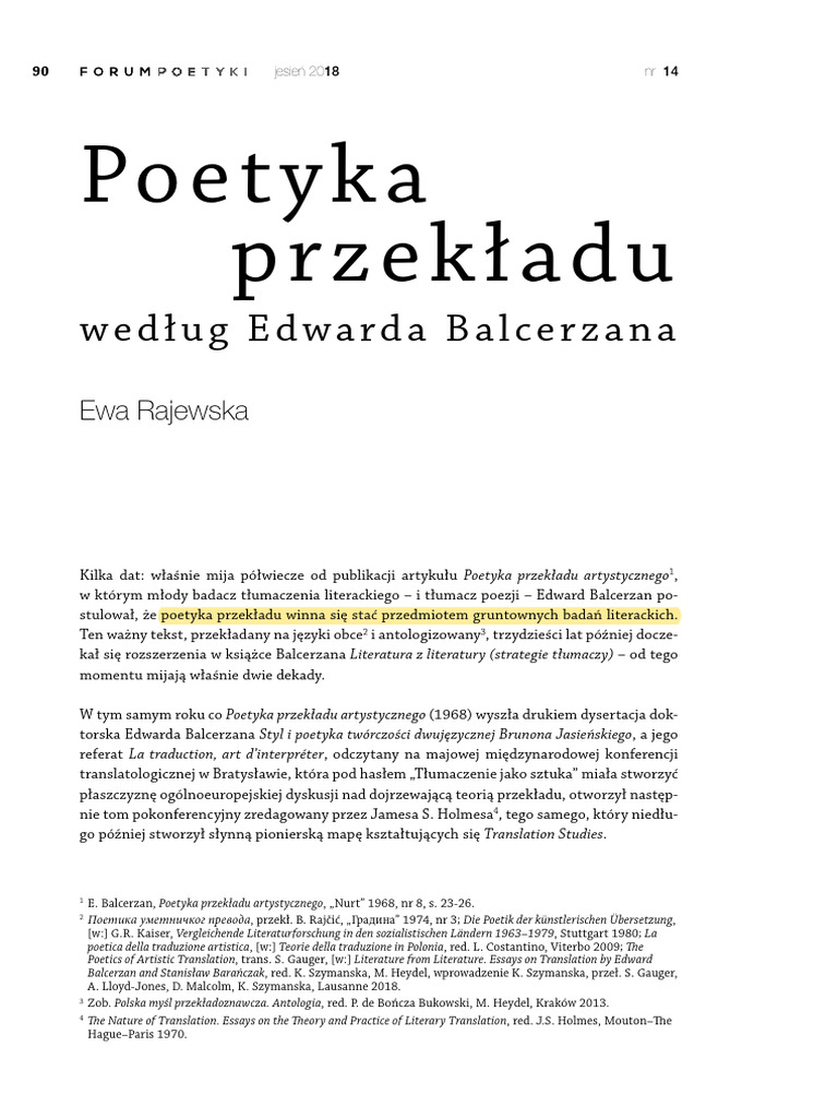 Poetyka Przekładu Według Edwarda Ba | PDF