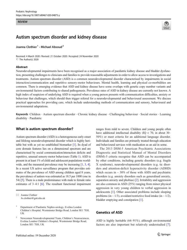 Autism Spectrum Disorder and Kidney Disease | PDF | Autism Spectrum ...