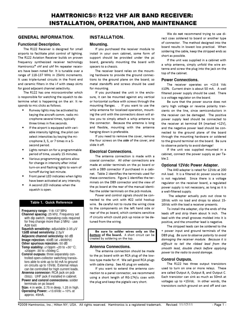 Hamtronicsâ® r122 VHF Air Band Receiver - The Repeater Builder's ... Hamtronicsâ® r122 VHF Air Band Receiver - The Repeater Builder's ...