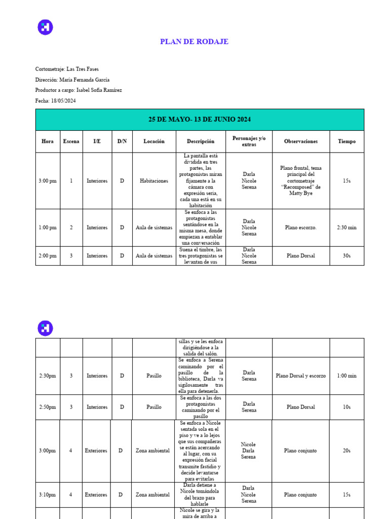 Plan de Rodaje en Word | PDF