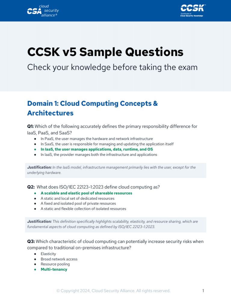 CCSK v5 Sample Questions | PDF | Cloud Computing | Security