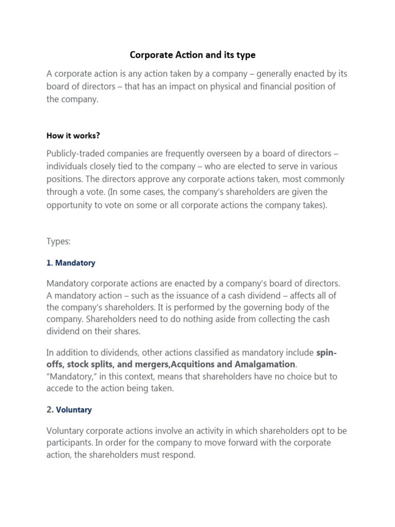 Corporate Action Types Explained | PDF | Dividend | Stocks