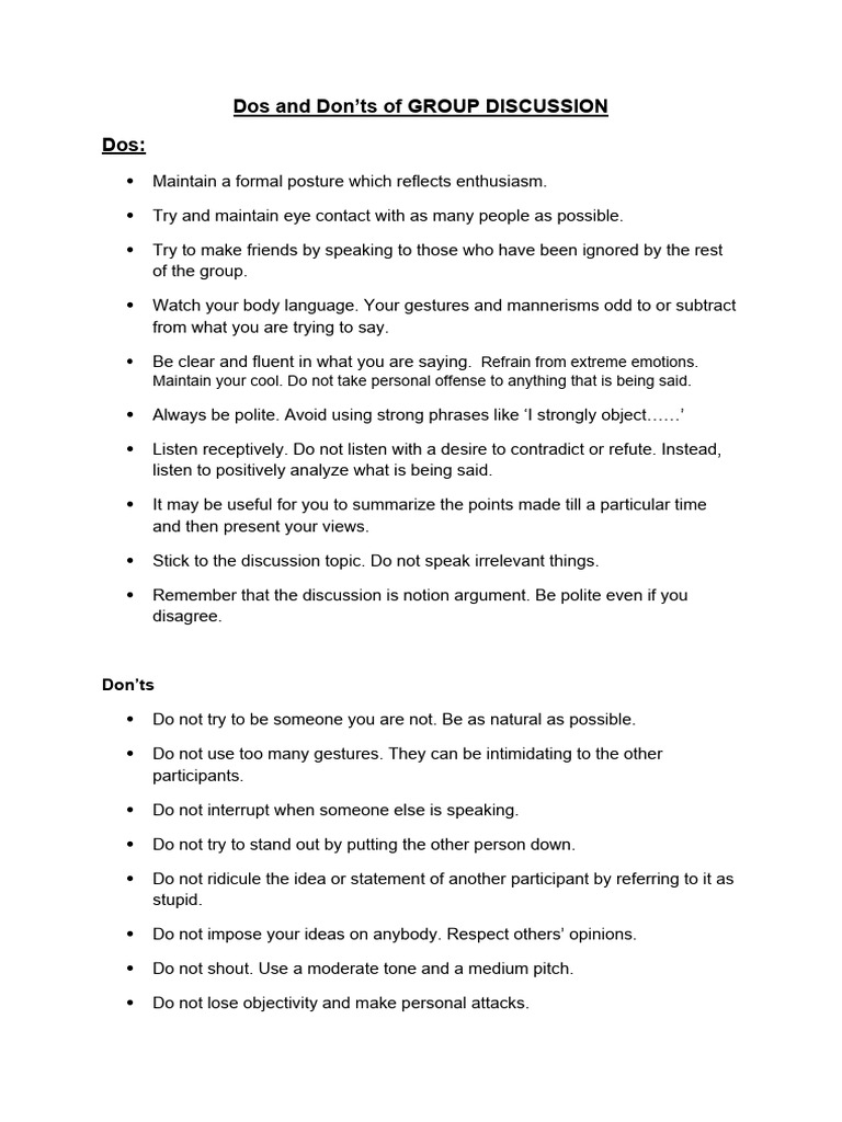 Dos and Don'ts of Group Discussion | PDF | Career & Growth | Language ...