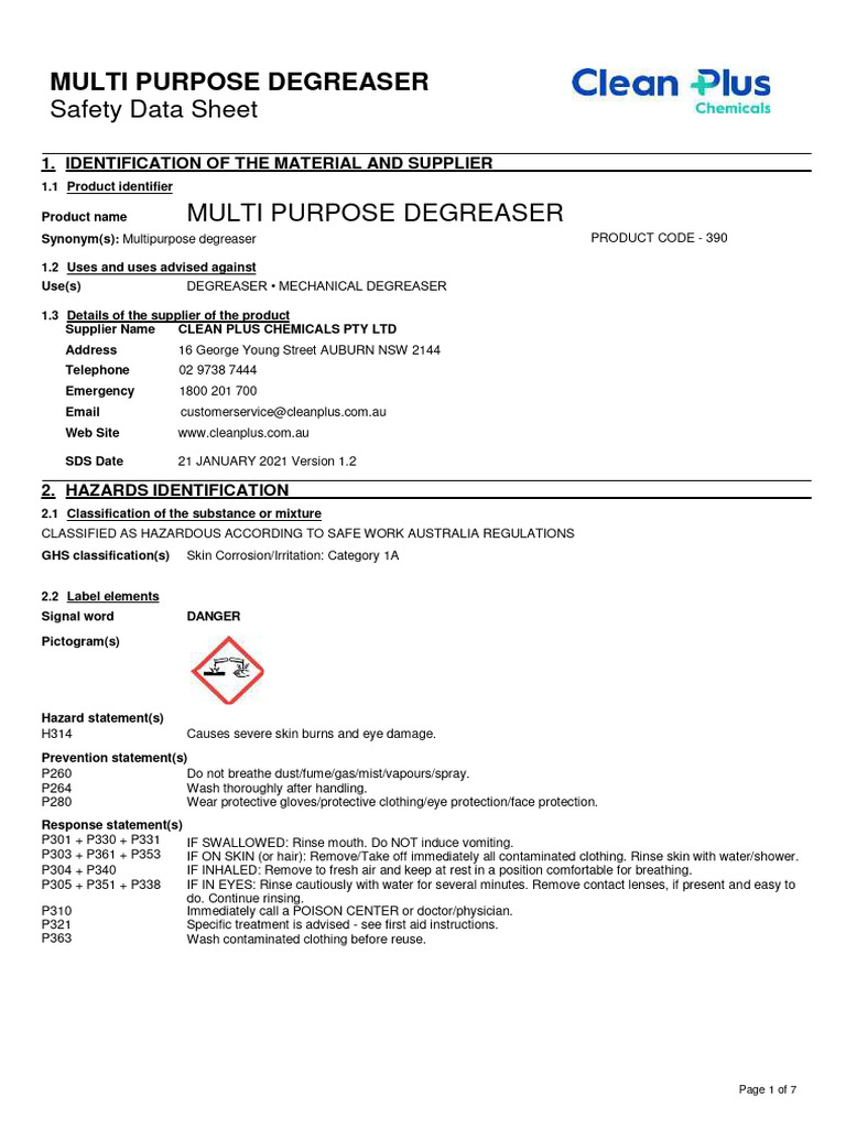 Multi-Purpose Degreaser Safety Data Sheet | PDF | Safety | Occupational ...