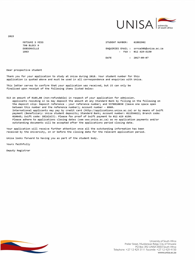 Unisa Application 62882902 | PDF
