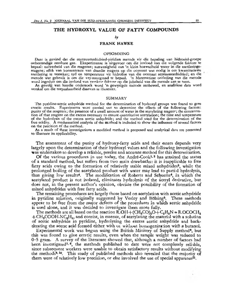 Hawke 1918 The Hydroxyl Value of Fatty Compounds | PDF | Acetic Acid ...