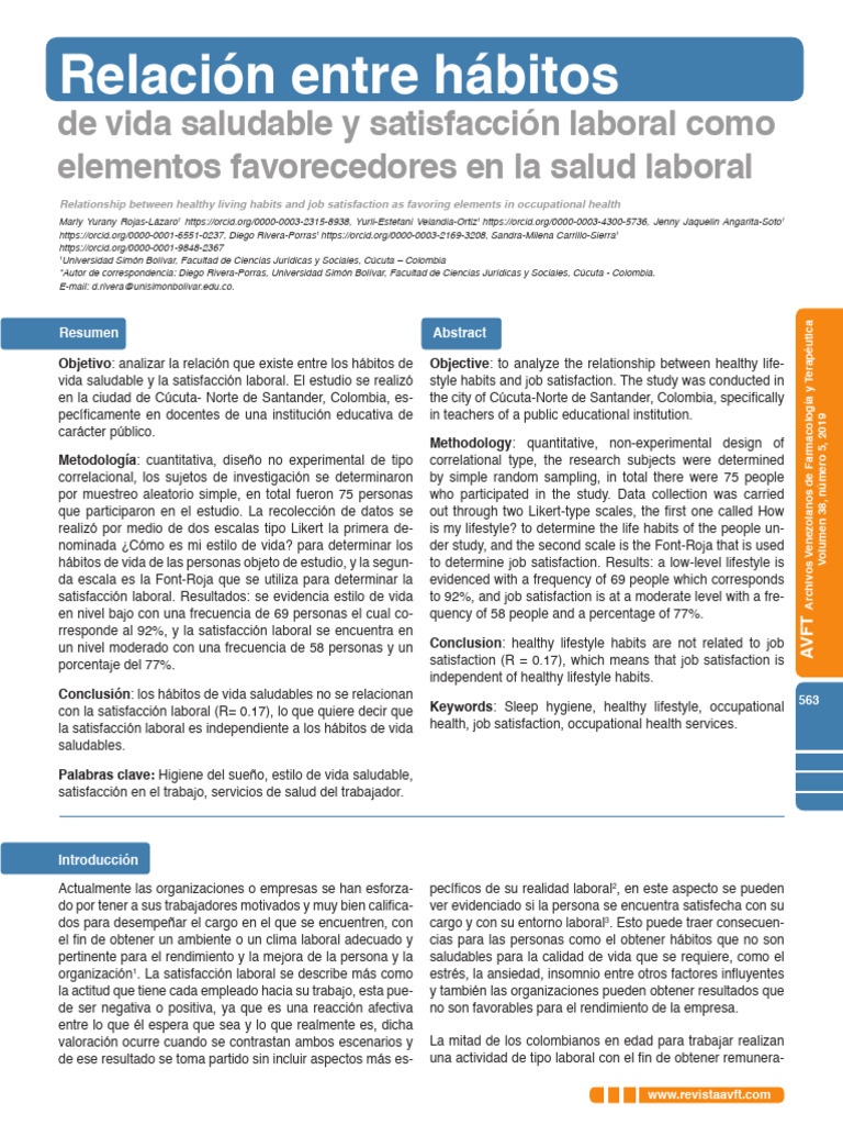 Relación Entre Hábitos de Vida Saludable y Satisfacción Laboral Como Elementos Favorecedores en ...