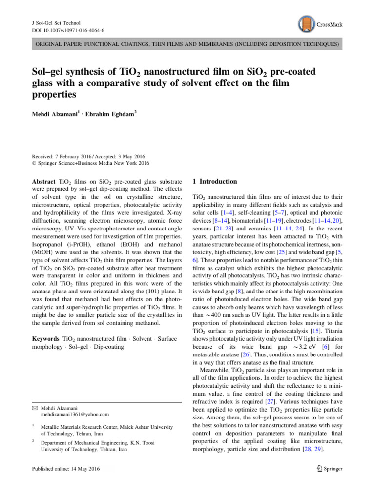 Alzamani 2016 Sol Gel Synthesis Of Tio2 Nanostructures Film On Sio2 Precoated Glass With A