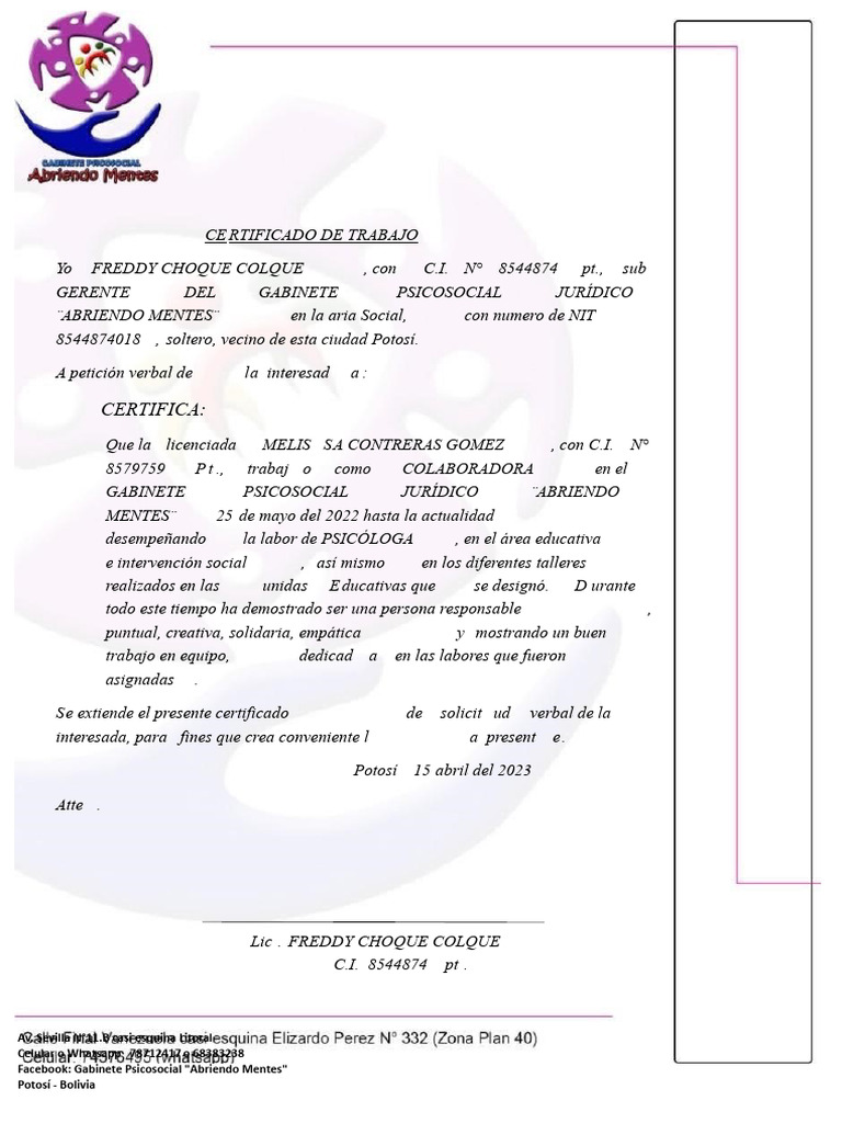 Certiificado de Trabajo Gabinete | PDF Certiificado de Trabajo Gabinete | PDF