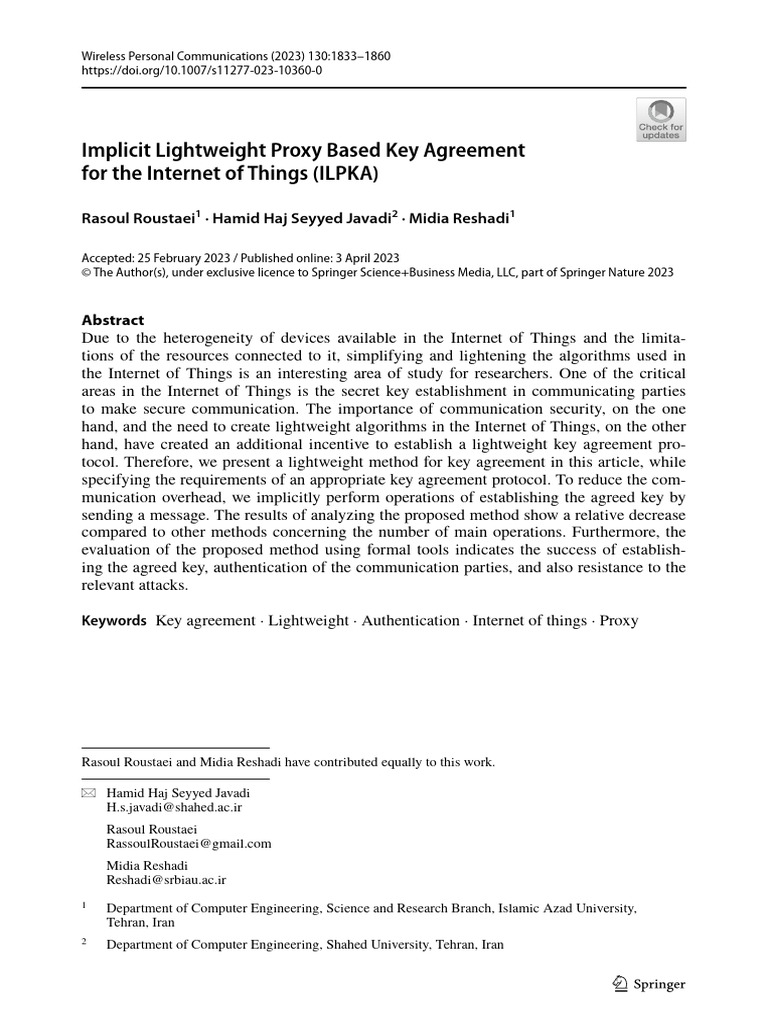 Implicit Lightweight Proxy Based Key Agreement For The Internet of Things (ILPKA) | PDF ...