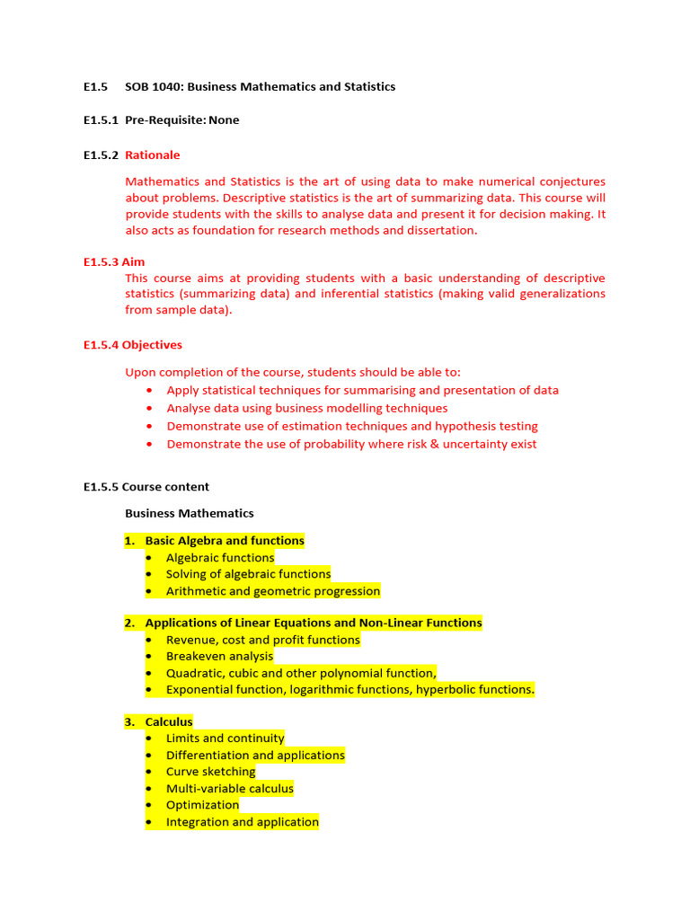 Business Mathematics Course Outline - Adjusted | PDF | Normal Distribution | Statistics