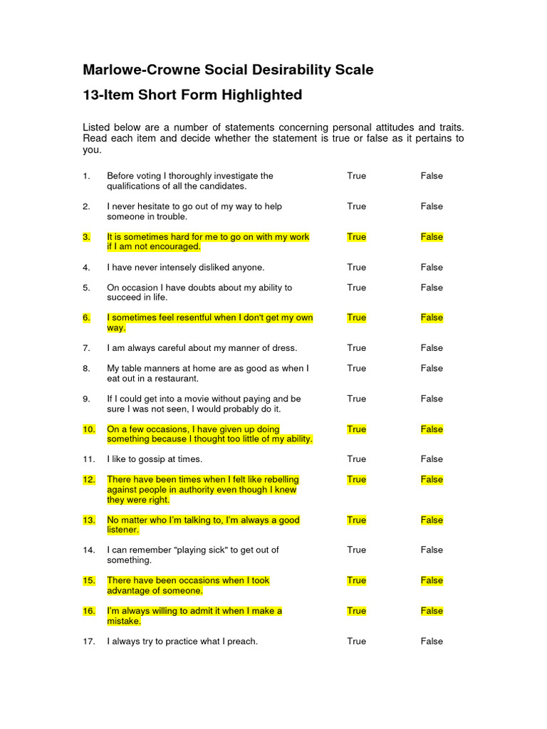 Marlowe-Crowne Social Desirability Scale | PDF | Self-Improvement