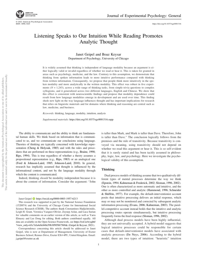 Geipel 2022 - Listening Speaks To Our Intuition While Reading Promotes ...