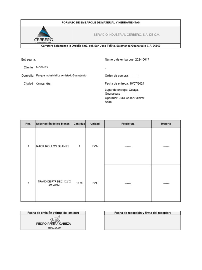 Formato de Embarque | PDF