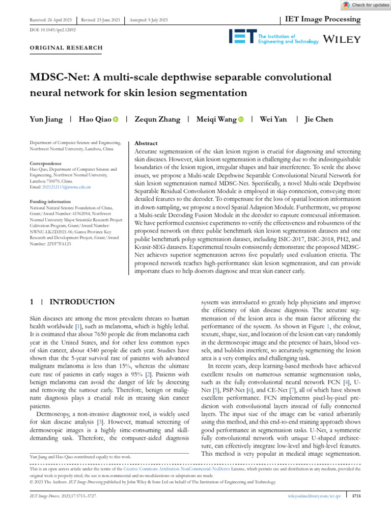IET Image Processing - 2023 - Jiang - MDSC Net A Multi Scale Depthwise Separable Convolutional ...