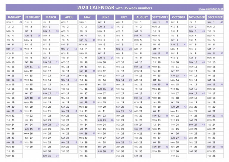 2024 Yearly Calendar With Us Week Numbers Purple | PDF