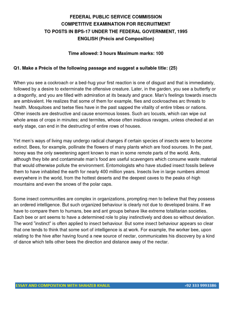 Precis & Composition Past Paper 1995 - Shahzeb Khalil | PDF | Insects | Fly