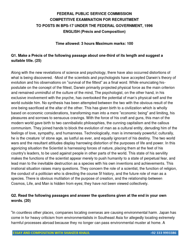 Precis & Composition Past Paper 1996 - Shahzeb Khalil | PDF