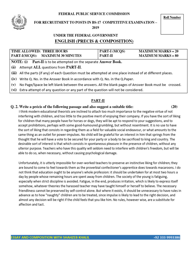 Precis & Composition Past Paper 2019 - Shahzeb Khalil | PDF | Foreign Language Studies
