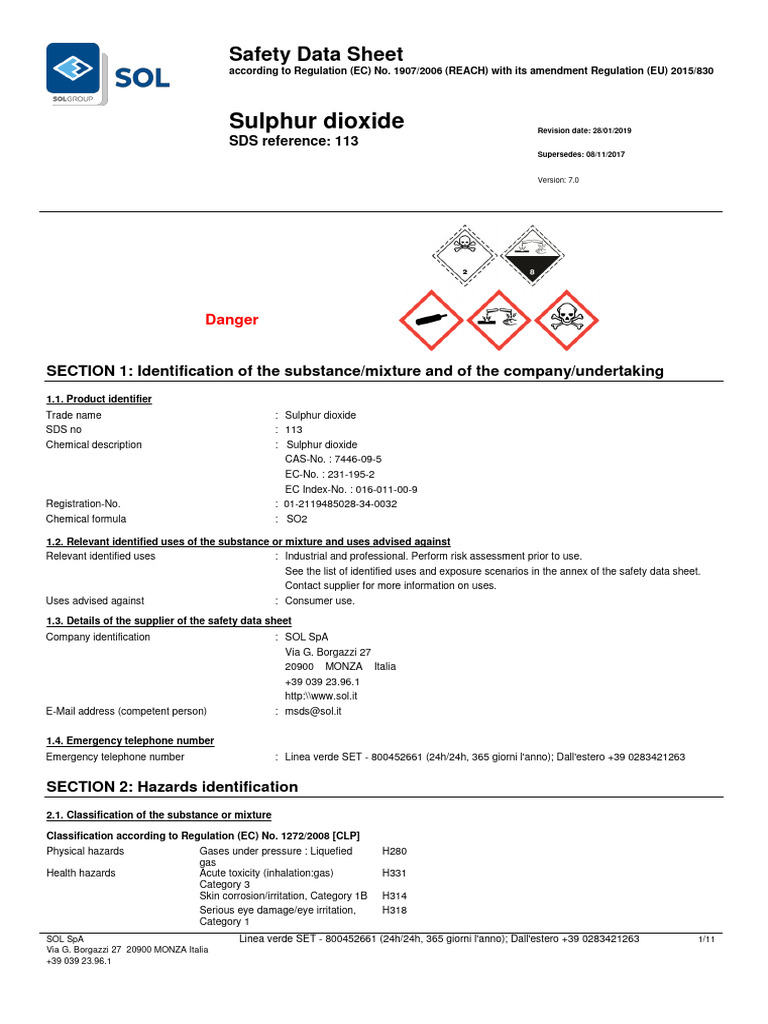 MSDS Sulphur Dioxide SOL | PDF | Personal Protective Equipment | Dangerous Goods