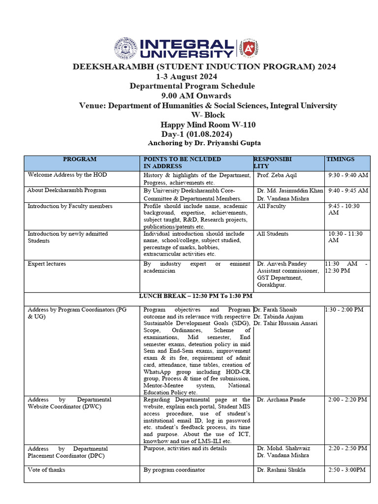 Deeksharambh (SIP) 2024 - HSS Departmental Schedule - Final | PDF ...
