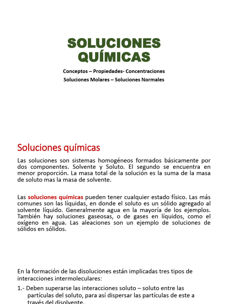 Soluciones Químicas - Propiedades - Concentraciones | PDF | Concentración | Solubilidad