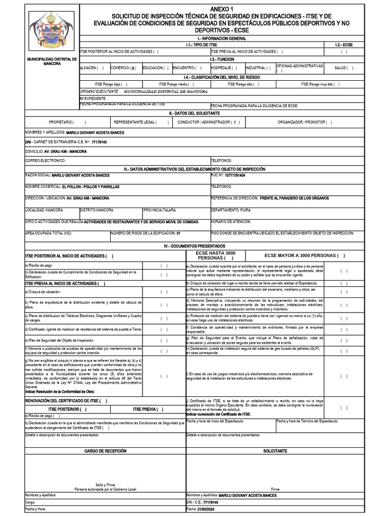Anexo-1-Formato-de-Solicitud-ITSE-ECSE (1) - 1 | PDF | Documento de identidad