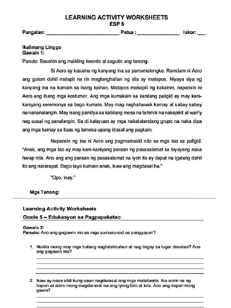 Pagsasanay Esp 5 q4 Week 5 | PDF