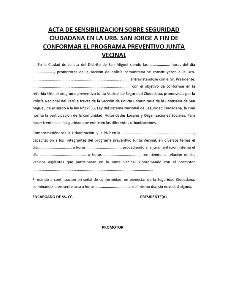 Acta de Sensibilizacion Junta Vecinal | PDF
