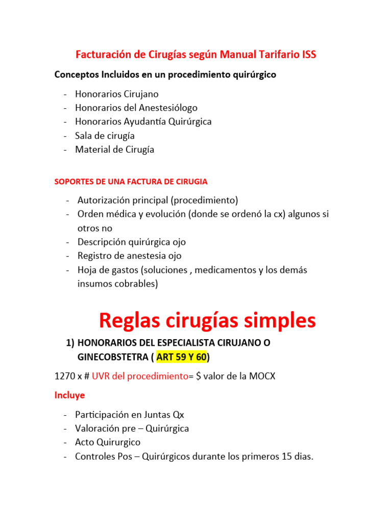 Reglas Facturacion de Cirugias - Iss | PDF | Cirugía | Anestesia