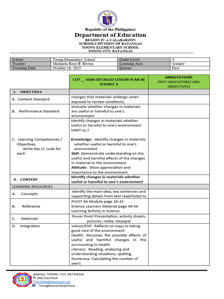 Cot Plan Science First Quarter 8TH Week | PDF | Learning | Charcoal