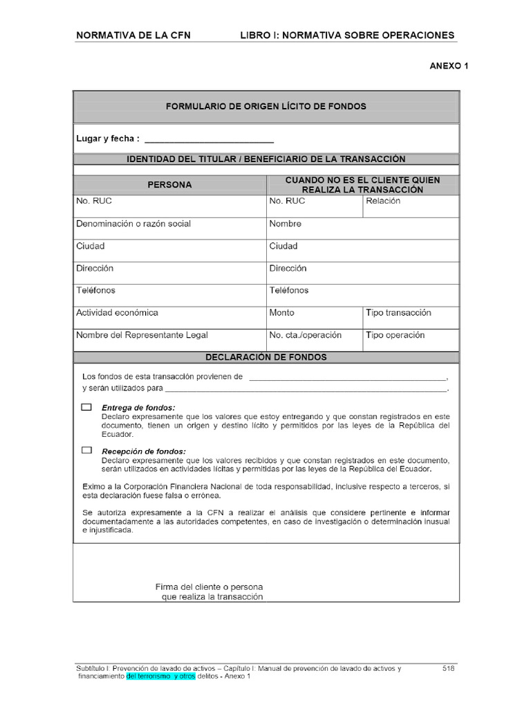Formulario de Origen Licito de Fondos RPPC-05 - CFN | PDF