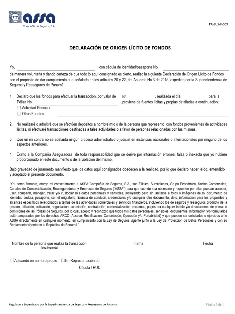 Declaracion de Origen Licito de Fondos | PDF | Seguro | Reaseguro