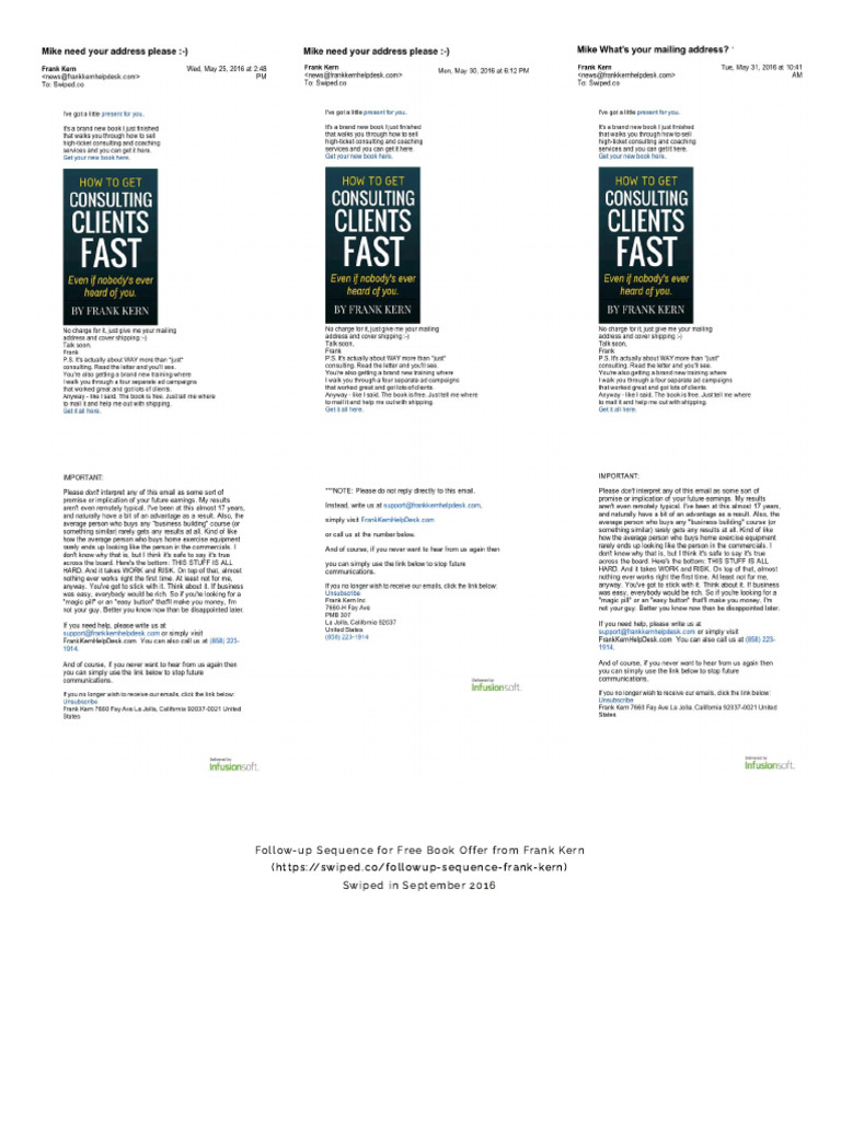 Follow-Up Sequence For Free Book Offer From Frank Kern Swipe File ...