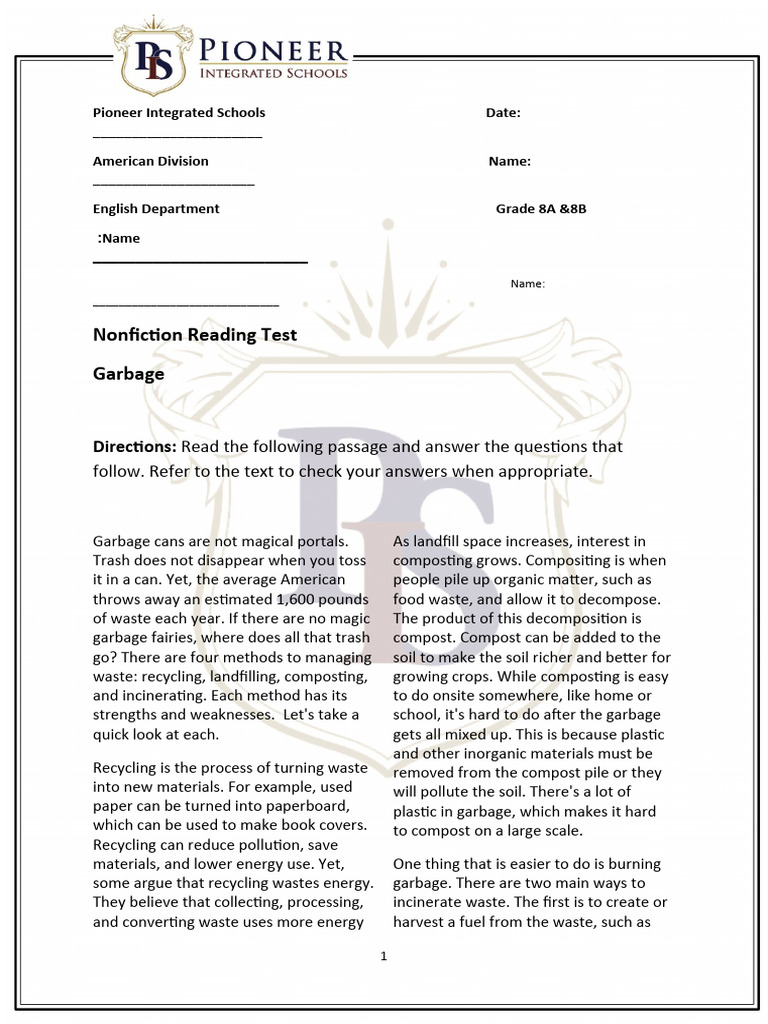 Nonfiction Reading Test: Waste Management | PDF | Municipal Solid Waste ...