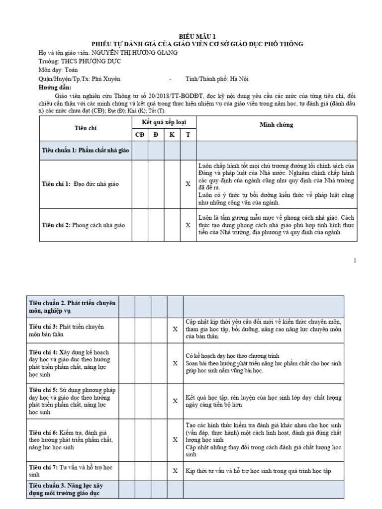 Phieu Tu Danh Gia 21 22 1 20 3 | PDF