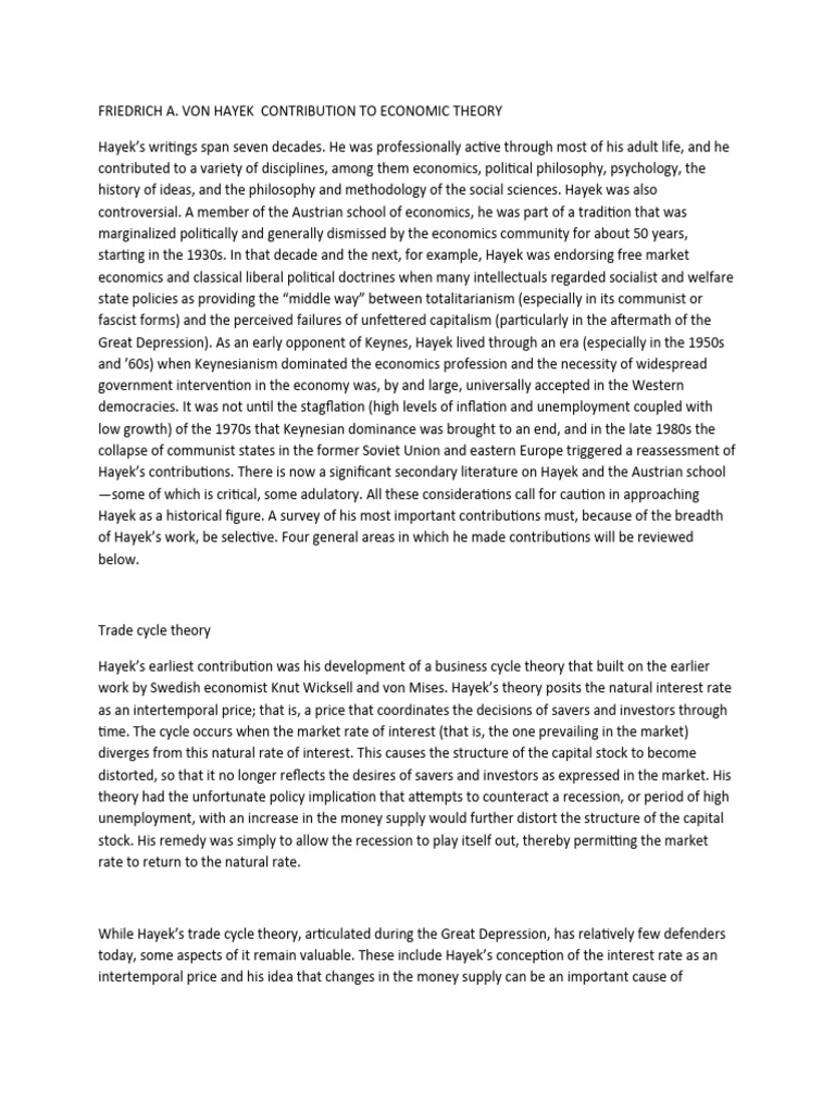 Friedrich A. Von Hayek Contribution To Economic Theory | PDF ...